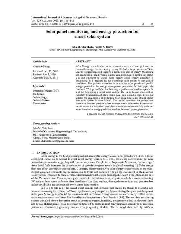 (PDF) Solar panel monitoring and energy prediction for smart solar system