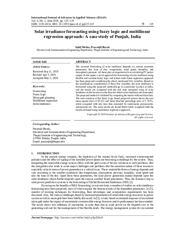 Pdf Solar Irradiance Forecasting Using Fuzzy Logic And Multilinear
