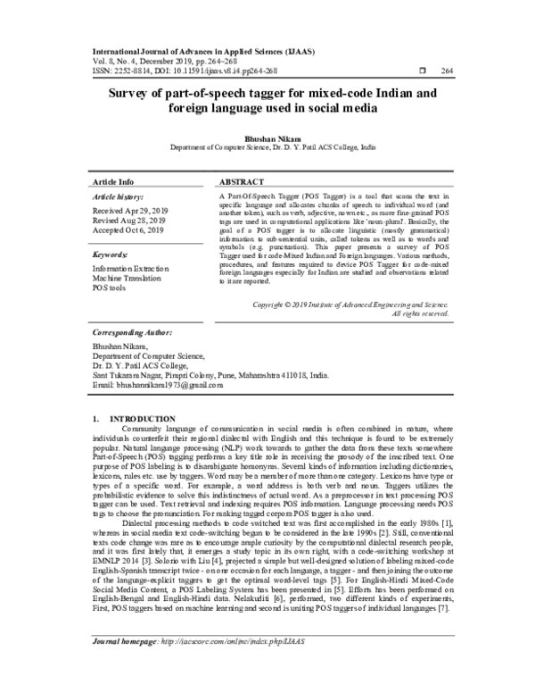 (PDF) Survey of part-of-speech tagger for mixed-code Indian and foreign ...