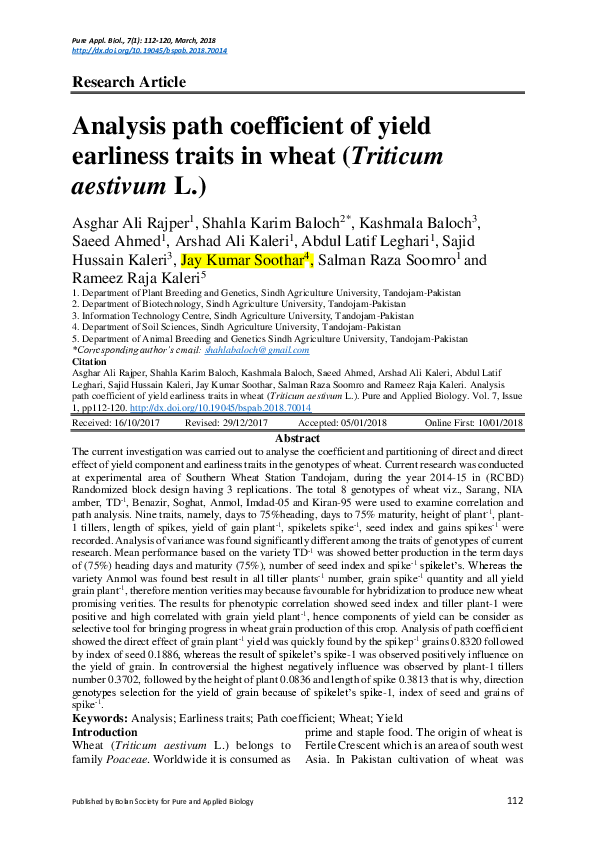 (PDF) Analysis path coefficient of yield earliness traits in wheat (Triticum aestivum L