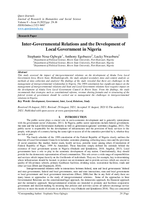 (PDF) Inter-Governmental Relations and the Development of Local ...