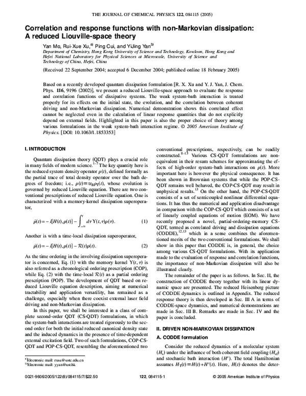 Pdf Correlation And Response Functions With Non Markovian Dissipation