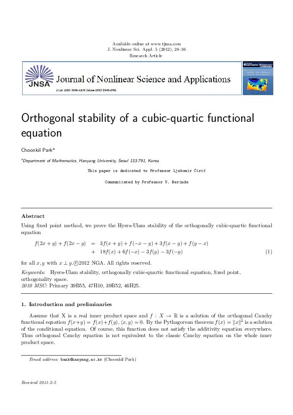 (PDF) Orthogonal stability of a cubic-quartic functional equation