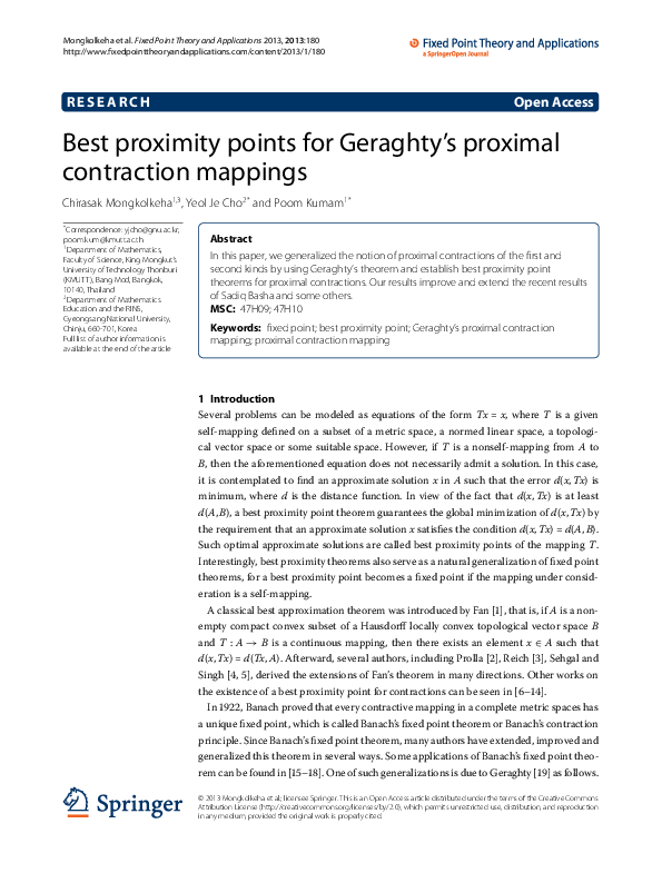 (PDF) Best proximity points for Geraghty’s proximal contraction mappings