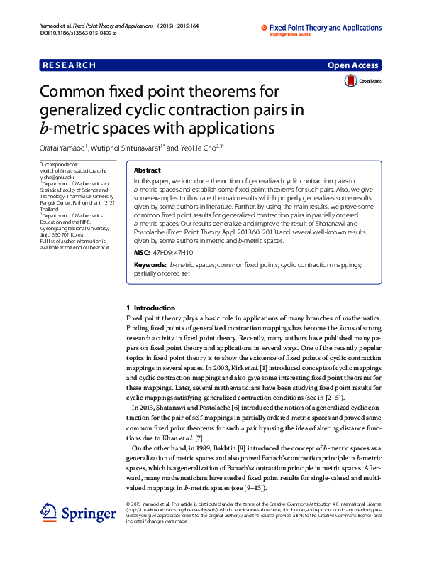 Pdf Common Fixed Point Theorems For Generalized Cyclic Contraction Pairs In B Metric Spaces