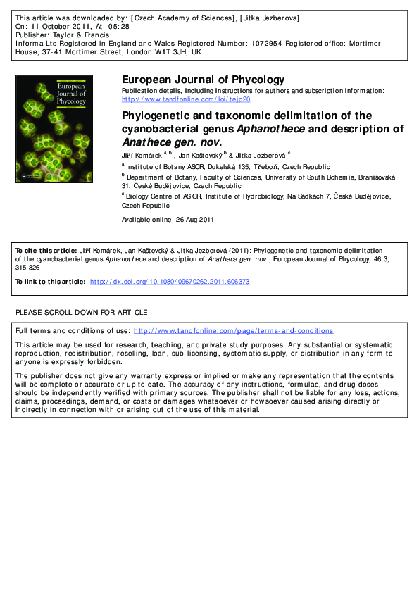 (PDF) Phylogenetic and taxonomic delimitation of the cyanobacterial ...