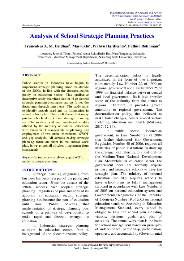(PDF) Analysis of School Strategic Planning Practices