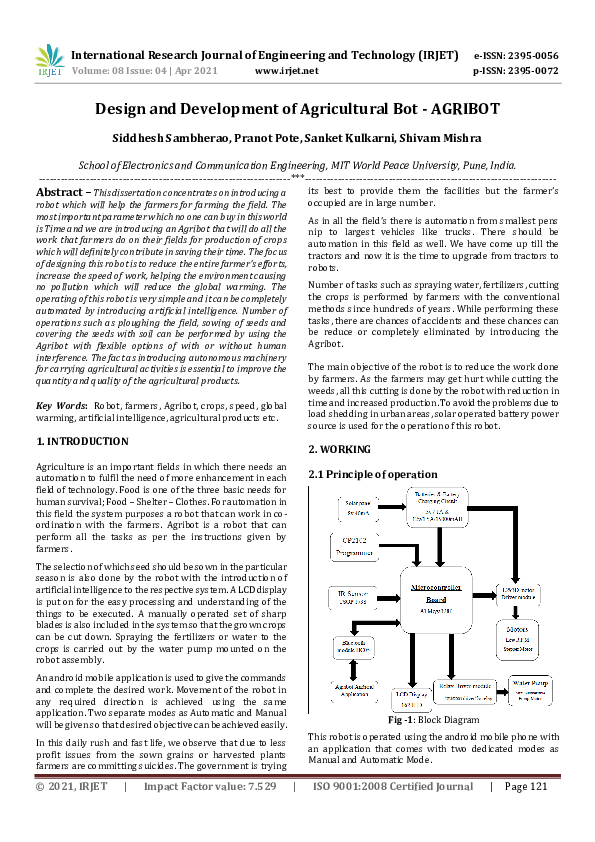 (PDF) IRJET- Design and Development of Agricultural Bot -AGRIBOT
