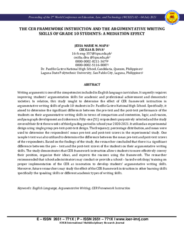 (PDF) THE CER FRAMEWORK INSTRUCTION AND THE ARGUMENTATIVE WRITING ...