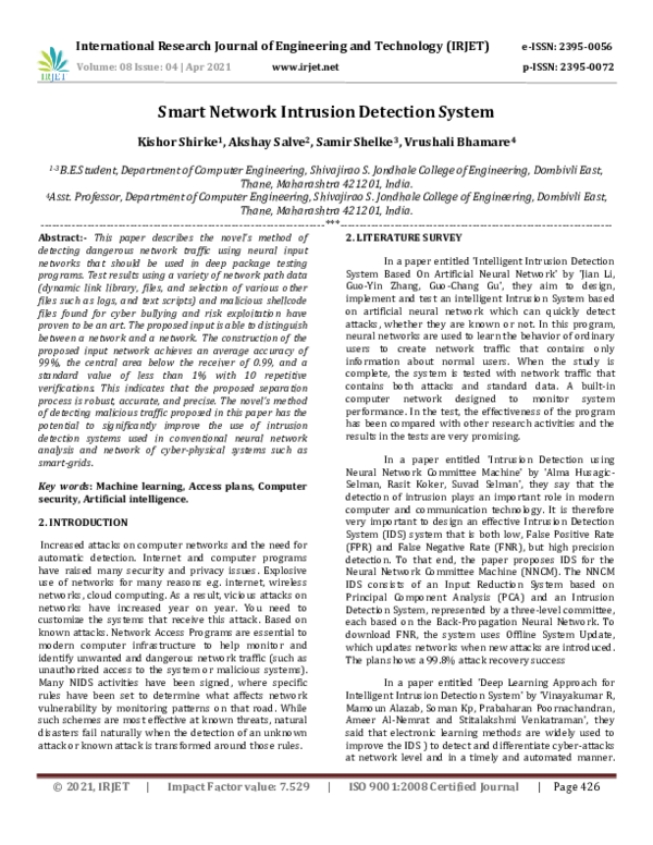 Pdf Irjet Smart Network Intrusion Detection System Irjet Journal