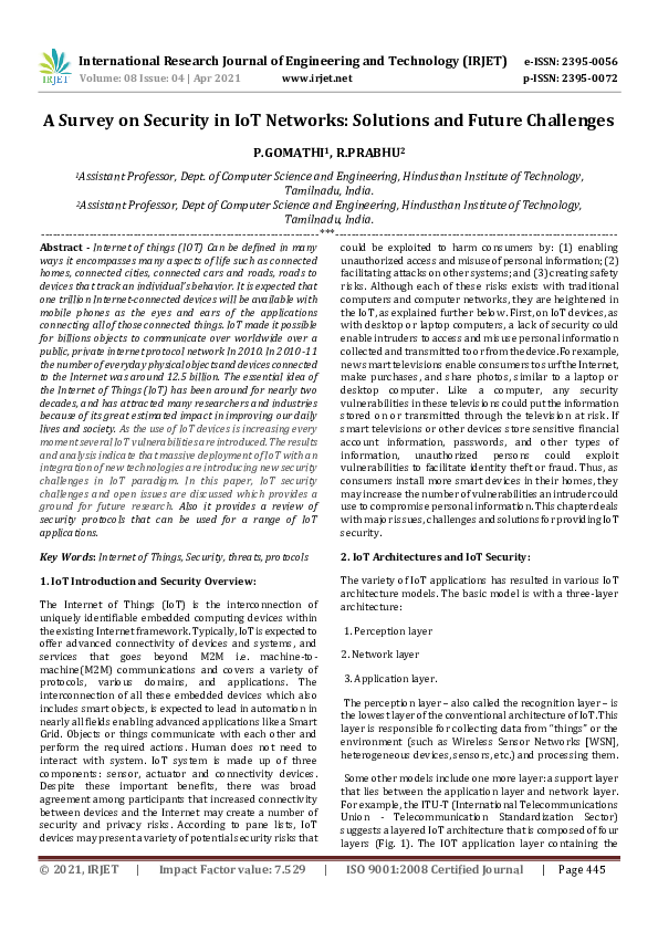 Pdf Irjet A Survey On Security In Iot Networks Solutions And Future