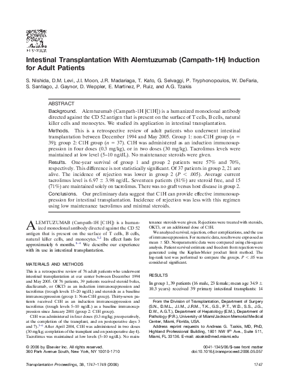 (PDF) Intestinal Transplantation With Alemtuzumab (Campath-1H ...