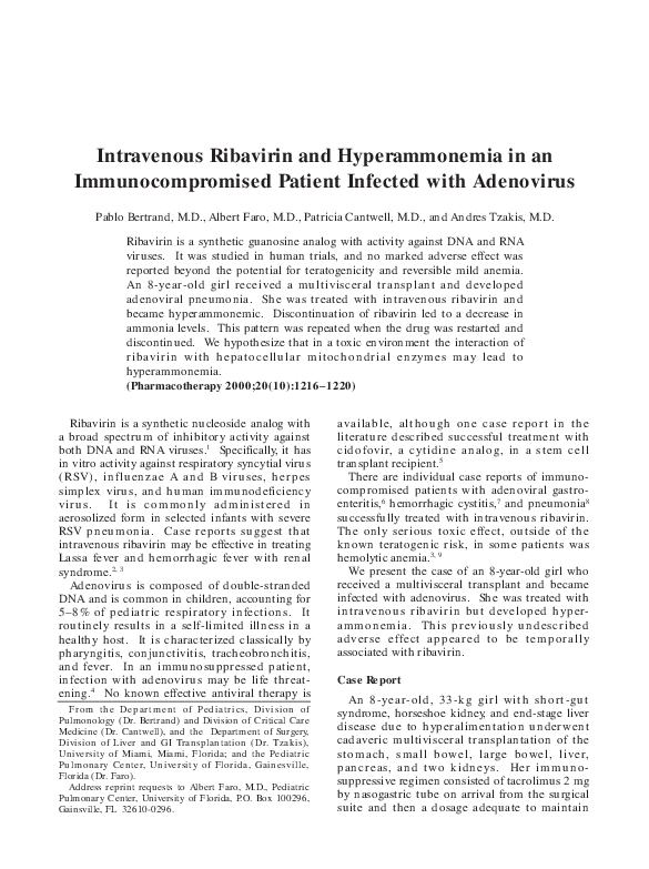 (PDF) Intravenous Ribavirin and Hyperammonemia in an Immunocompromised ...