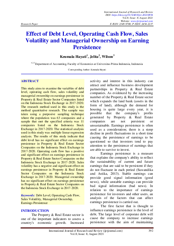 (PDF) Effect of Debt Level, Operating Cash Flow, Sales Volatility and Managerial Ownership on ...