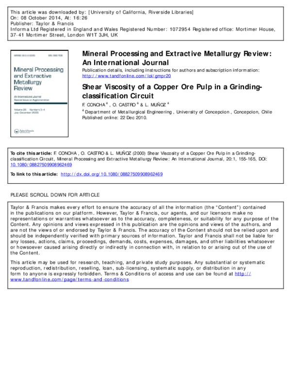 (PDF) Shear Viscosity of a Copper Ore Pulp in a Grinding-classification ...