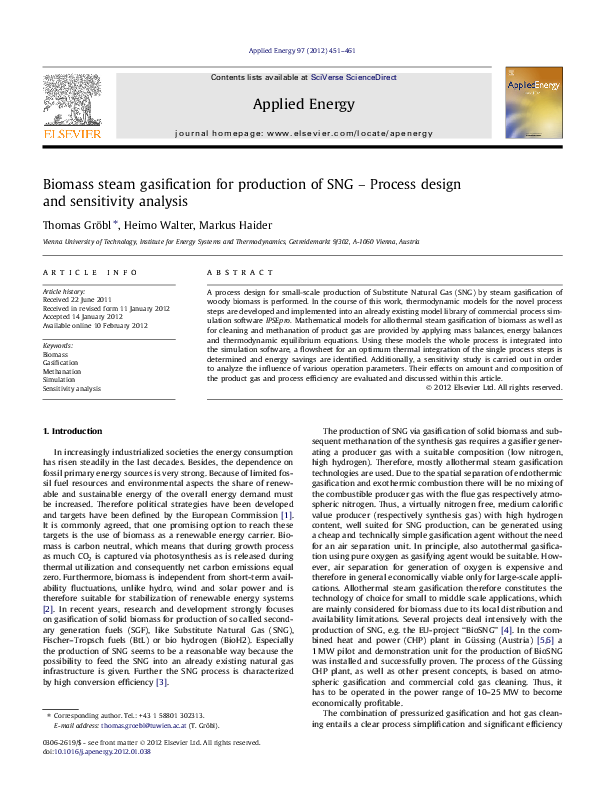 (PDF) Biomass steam gasification for production of SNG – Process design and sensitivity analysis