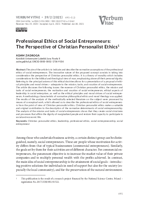 (PDF) Professional Ethics of Social Entrepreneurs : The Perspective of ...
