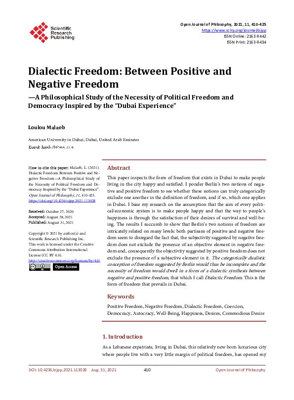 (PDF) Dialectic Freedom: Between Positive and Negative Freedom -A ...