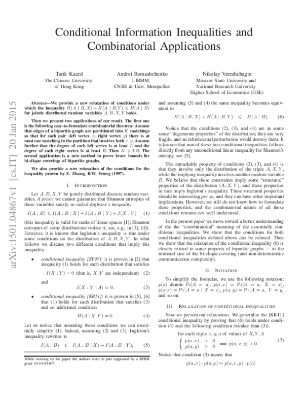 (PDF) Conditional Information Inequalities and Combinatorial Applications