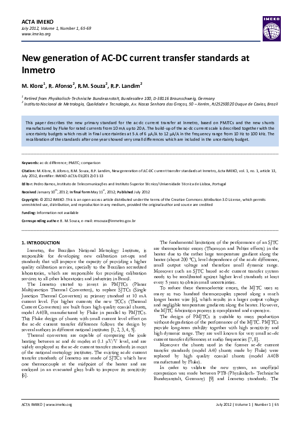(PDF) New generation of AC-DC Current Transfer Standards at Inmetro