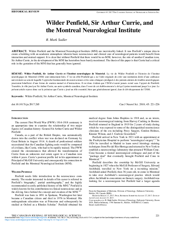 (PDF) Wilder Penfield, Sir Arthur Currie, and the Montreal Neurological ...