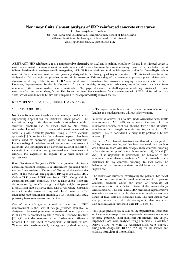 Pdf Nonlinear Finite Element Analysis Of Frp Reinforced Concrete Structures