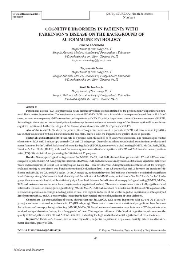 (PDF) Cognitive Disorders in Patients with Parkinson's Disease on the ...