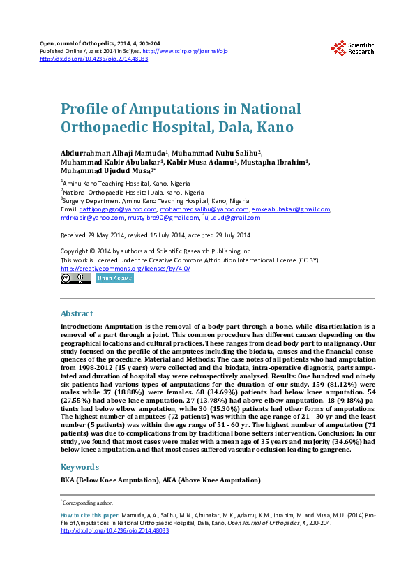 (PDF) Profile of Amputations in National Orthopaedic Hospital, Dala, Kano