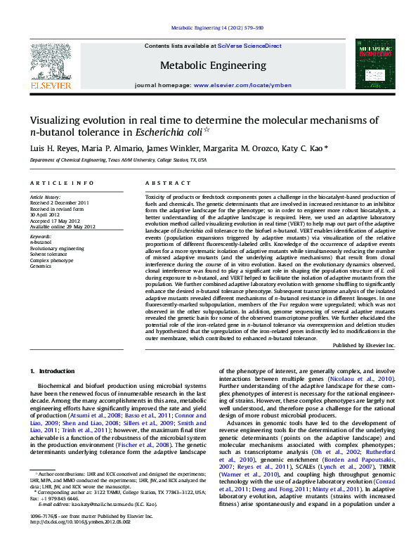(PDF) Visualizing evolution in real time to determine the molecular mechanisms of n-butanol ...