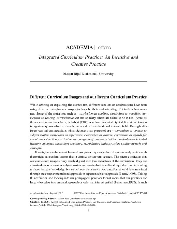 (PDF) Integrated Curriculum Practice: An Inclusive and Creative Practice