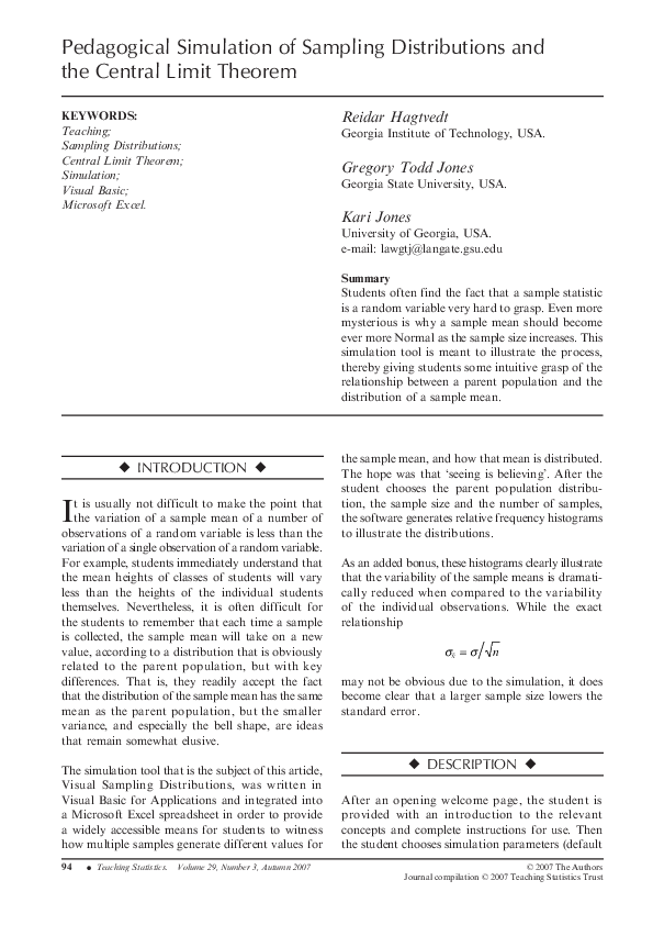 (PDF) Pedagogical Simulation of Sampling Distributions and the Central Limit Theorem