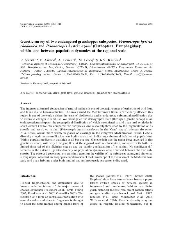 (PDF) Genetic survey of two endangered grasshopper subspecies ...