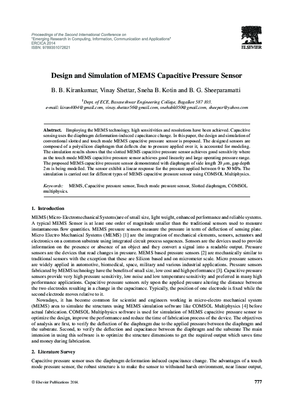 (PDF) Design and Simulation of MEMS Capacitive Pressure Sensor