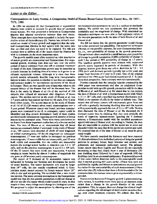 (PDF) Correspondence re: Larry Norton, A Gompertzian Model of Human ...