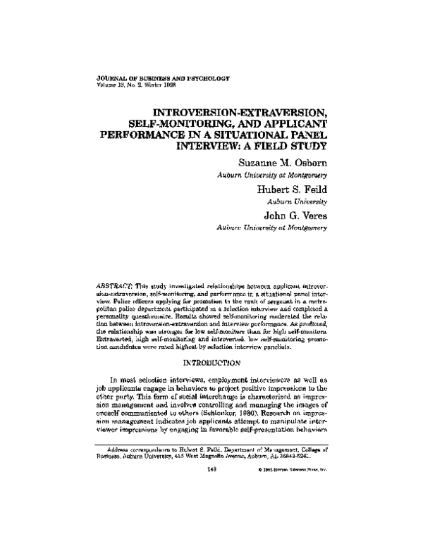 (PDF) Introversion-Extraversion, Self-Monitoring, and Applicant Performance in a Situational ...