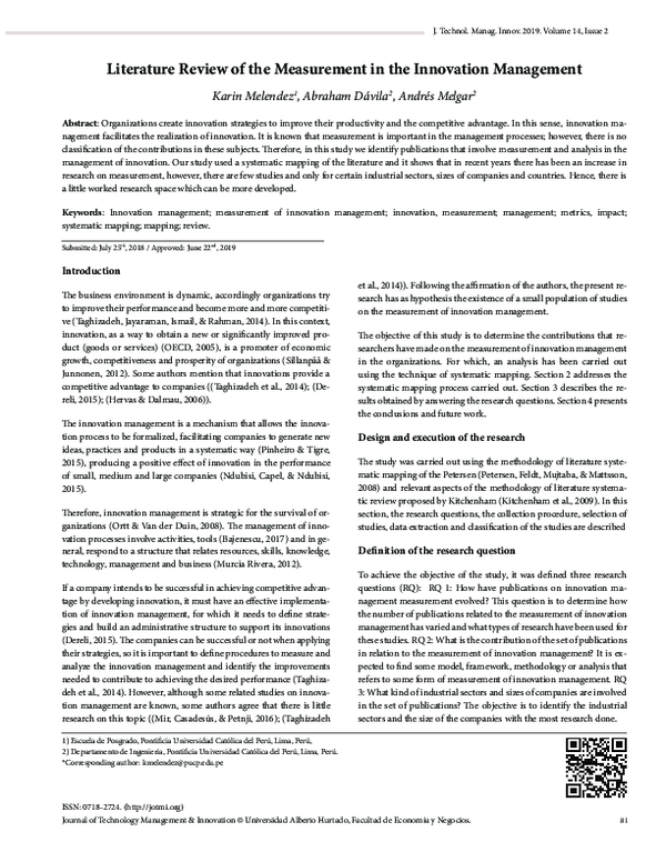 (PDF) Literature Review of the Measurement in the Innovation Management
