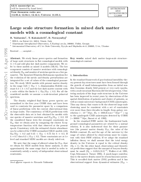 Pdf Power Spectra And Large Scale Structure Formation In Mixed Dark Matter Models With A 
