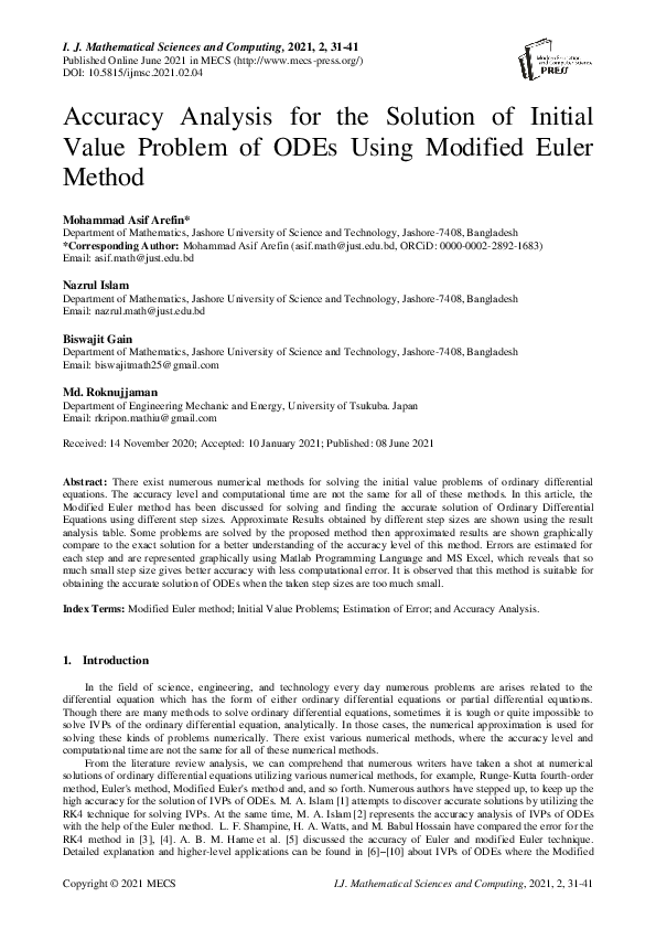 Pdf Accuracy Analysis For The Solution Of Initial Value Problem Of Odes Using Modified Euler