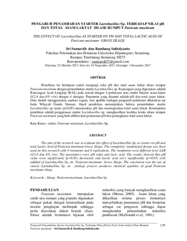 (PDF) PENGARUH PENAMBAHAN STARTER Lactobacillus Sp. TERHADAP NILAI pH DAN TOTAL ASAM LAKTAT ...