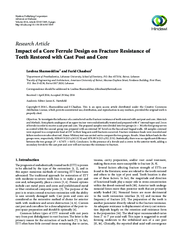 (PDF) Impact of a Core Ferrule Design on Fracture Resistance of Teeth ...