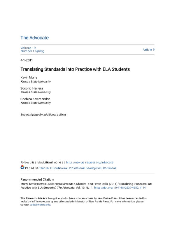 (PDF) Translating Standards into Practice with ELA Students