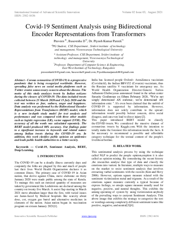 (PDF) Covid-19 Sentiment Analysis using Bidirectional Encoder Representations from Transformers