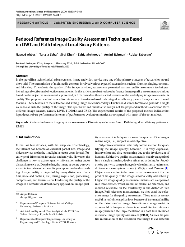 (PDF) Reduced Reference Image Quality Assessment Technique Based on DWT and Path Integral Local ...