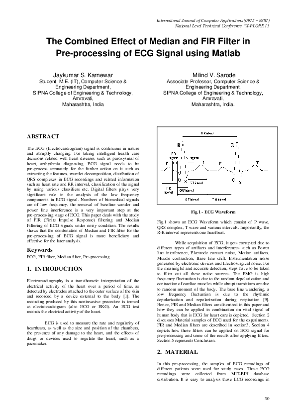 (PDF) The Combined Effect of Median and FIR Filter in Pre-processing of ECG Signal using Matlab