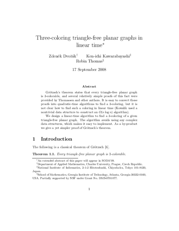 (PDF) Three-coloring triangle-free planar graphs in linear time