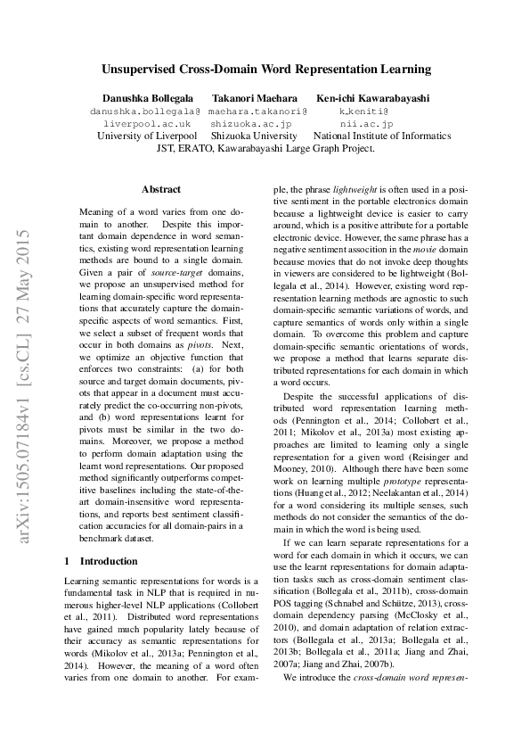(PDF) Unsupervised Cross-Domain Word Representation Learning