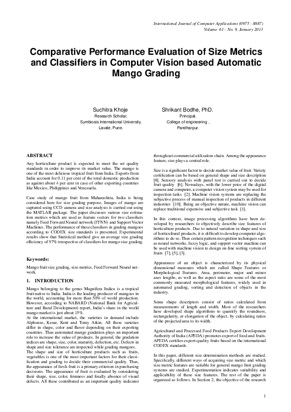 Pdf Comparative Performance Evaluation Of Size Metrics And Classifiers In Computer Vision