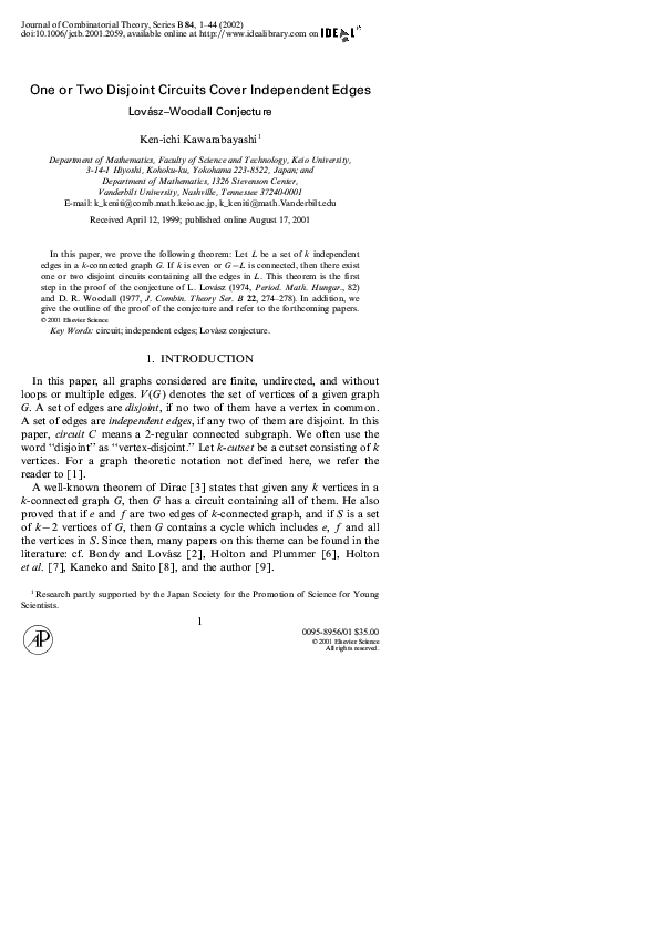 (PDF) One or Two Disjoint Circuits Cover Independent Edges