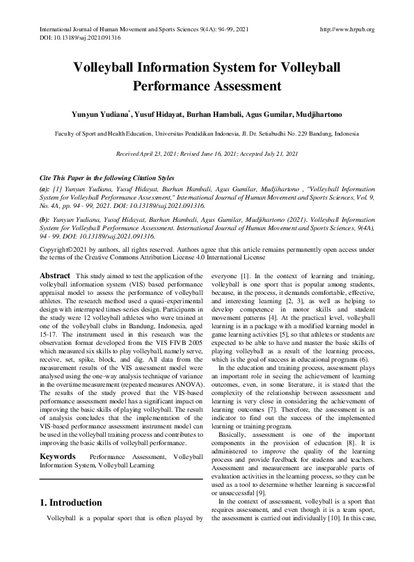 (PDF) Volleyball Information System for Volleyball Performance Assessment