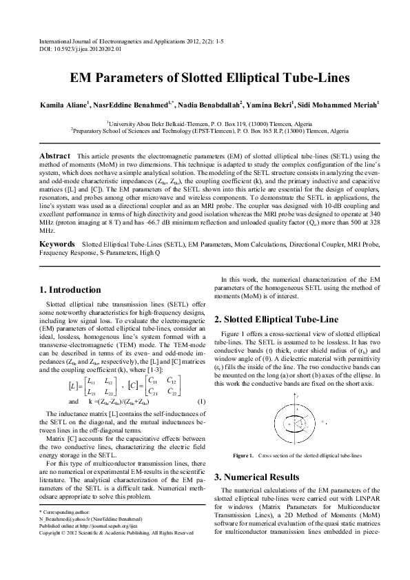 (PDF) EM Parameters of Slotted Elliptical Tube-Lines | sidi mohammed Meriah - Academia.edu